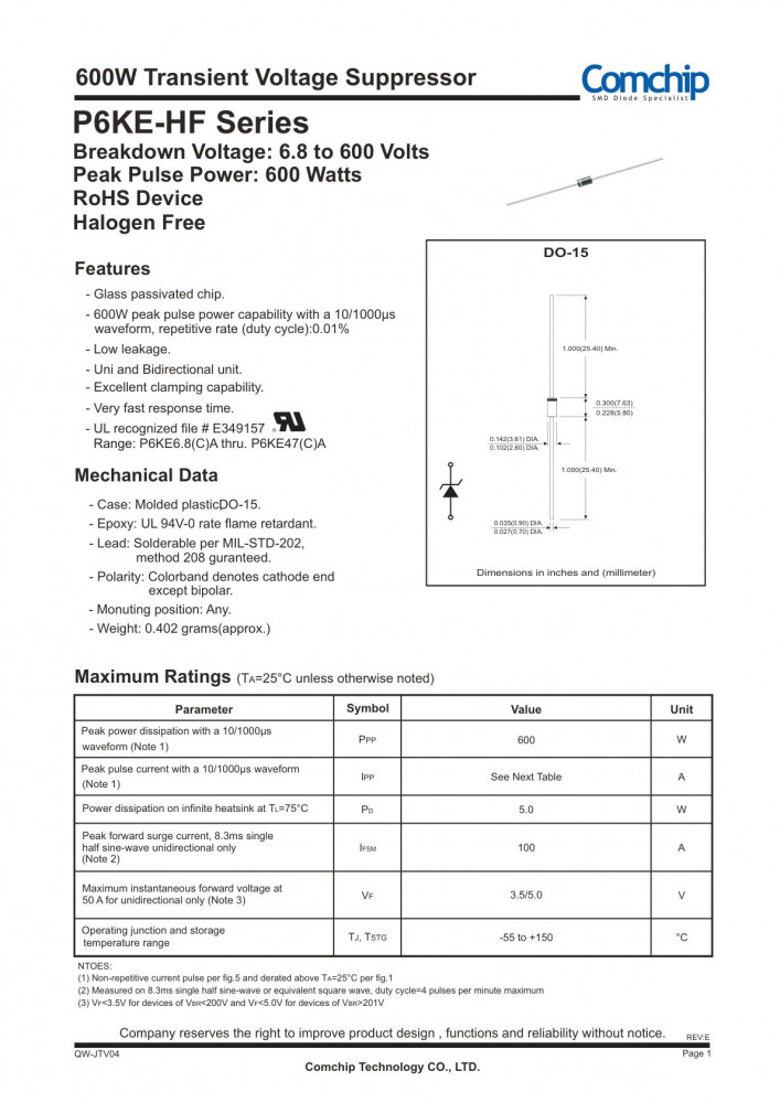 P6KE-HF datasheet page 1