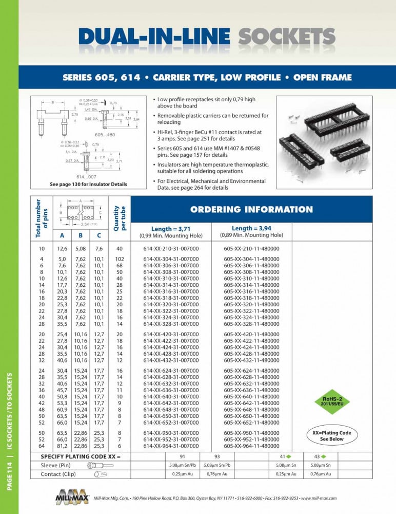 Mill-Max Series 605 and 614 dual-in-line socket documentation