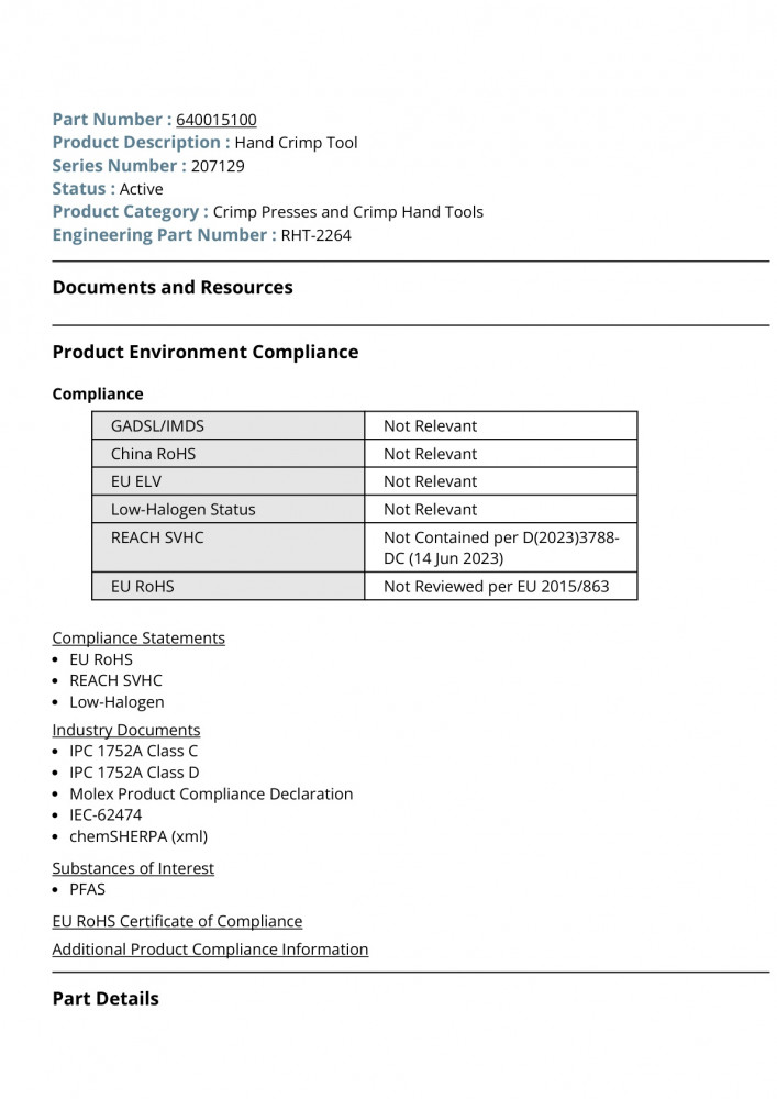 Product document image 1 for MOLEX 640015100