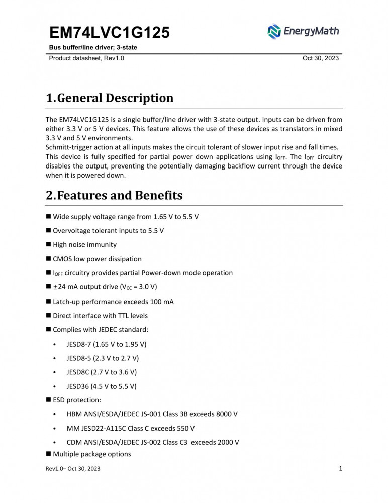EM74LVC1G125 datasheet page 1