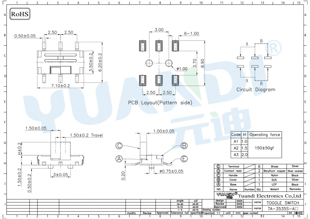 YUANDI TA-3535S-A2 toggle switch technical drawing