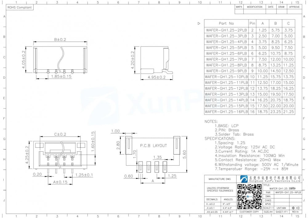 XUNPU WAFER-GH1.25-8PLB technical drawing page