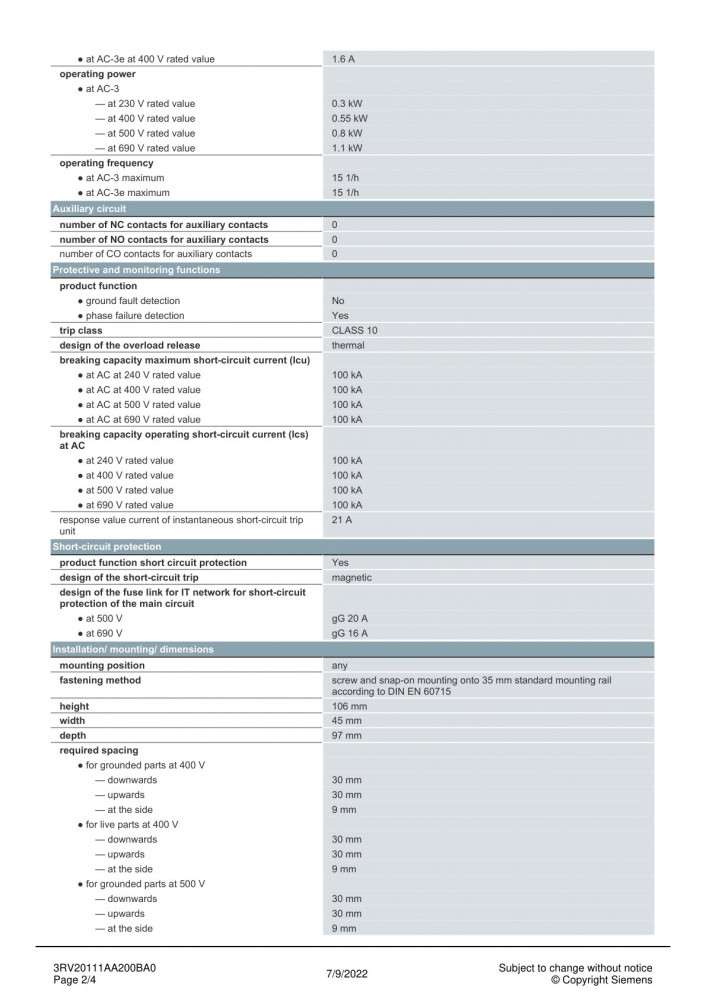 SIEMENS 3RV20111AA200BA0 datasheet page 2