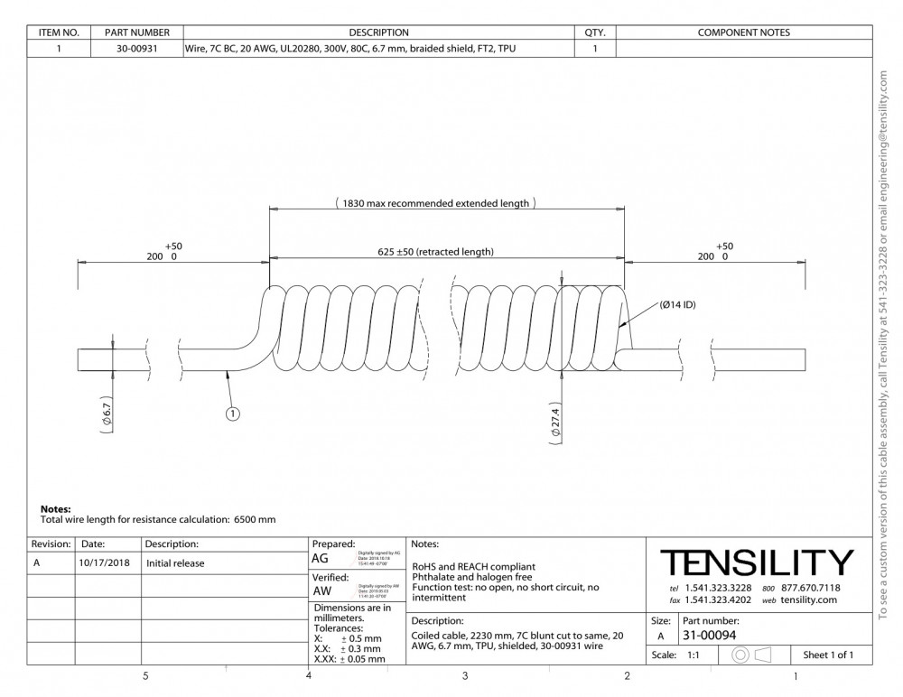 Technical drawing for Tensility International cable assembly 31-00094