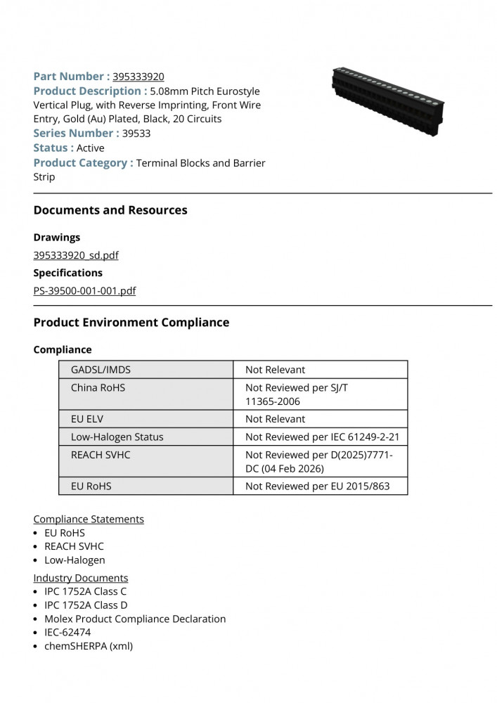 MOLEX ESE Eurostyle terminal block product document, page 1