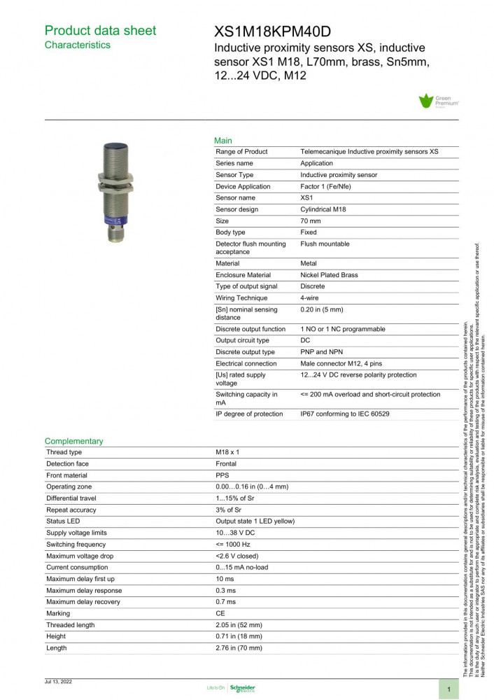 XS1M18KPM40D product documentation page 1