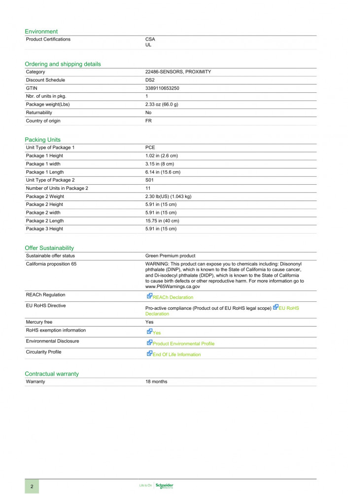 XS1M18KPM40D product documentation page 2