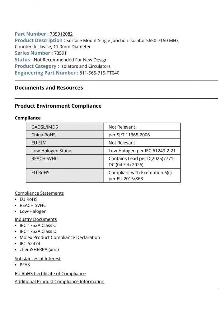 Technical document image, page 1 for MOLEX 735912082