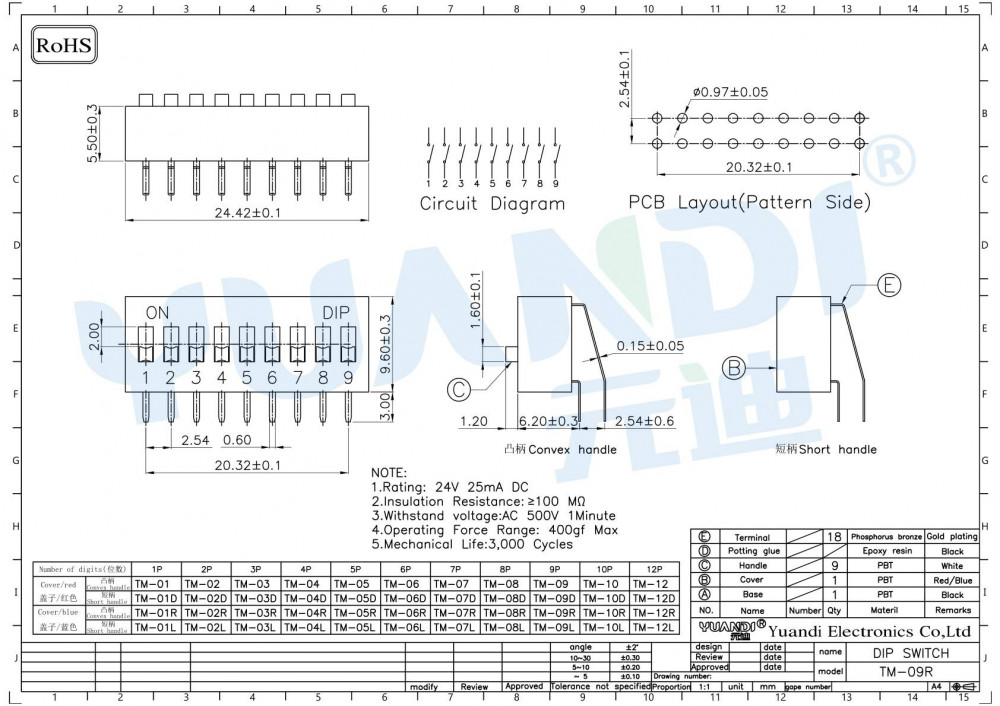 Yuandi TM-09R DIP switch technical drawing