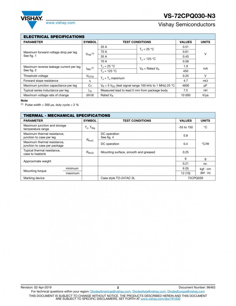 VS-72CPQ030-N3 datasheet page 2