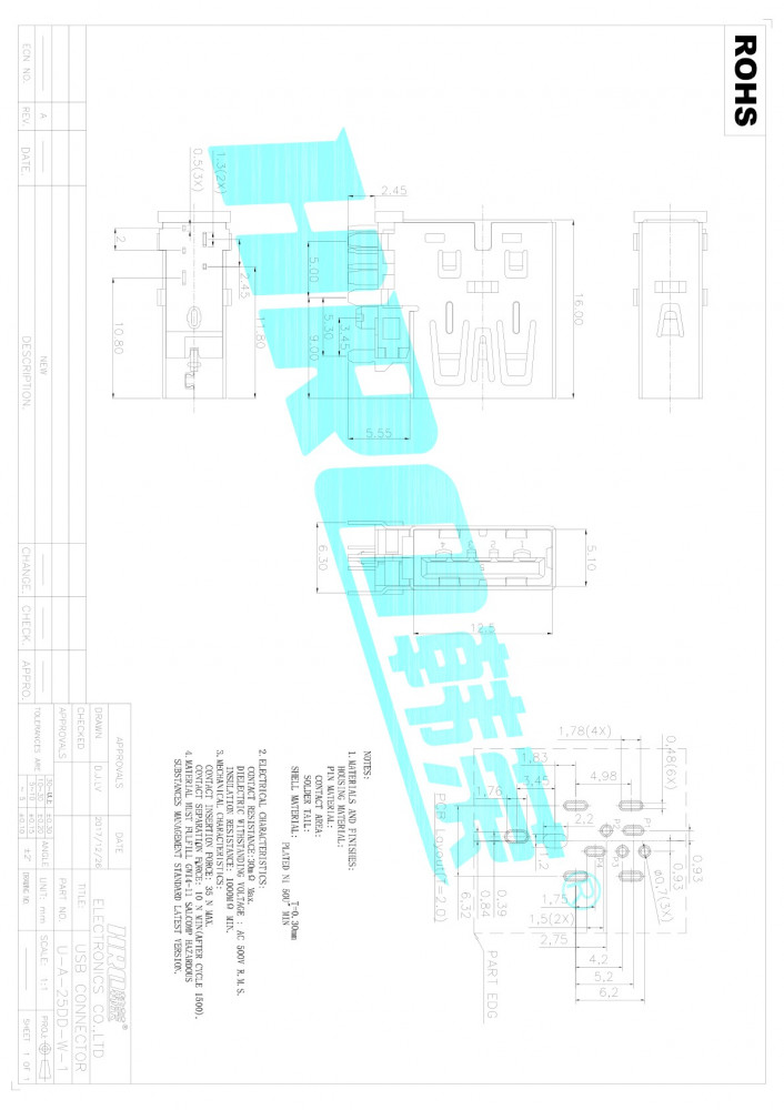 Korean Hroparts Elec U-A-25DD-W-1 USB connector technical drawing