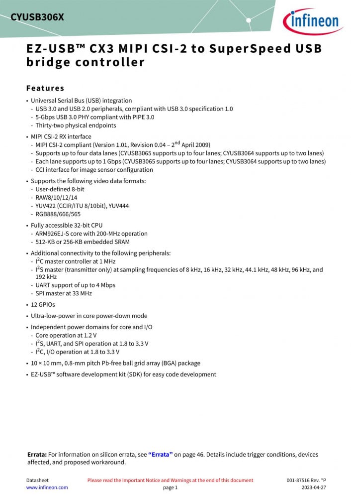 CYUSB3065 technical document page 1