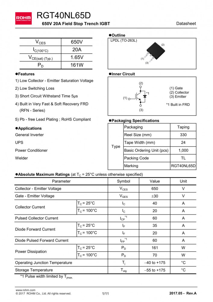 RGT40NL65DGTL datasheet page 1