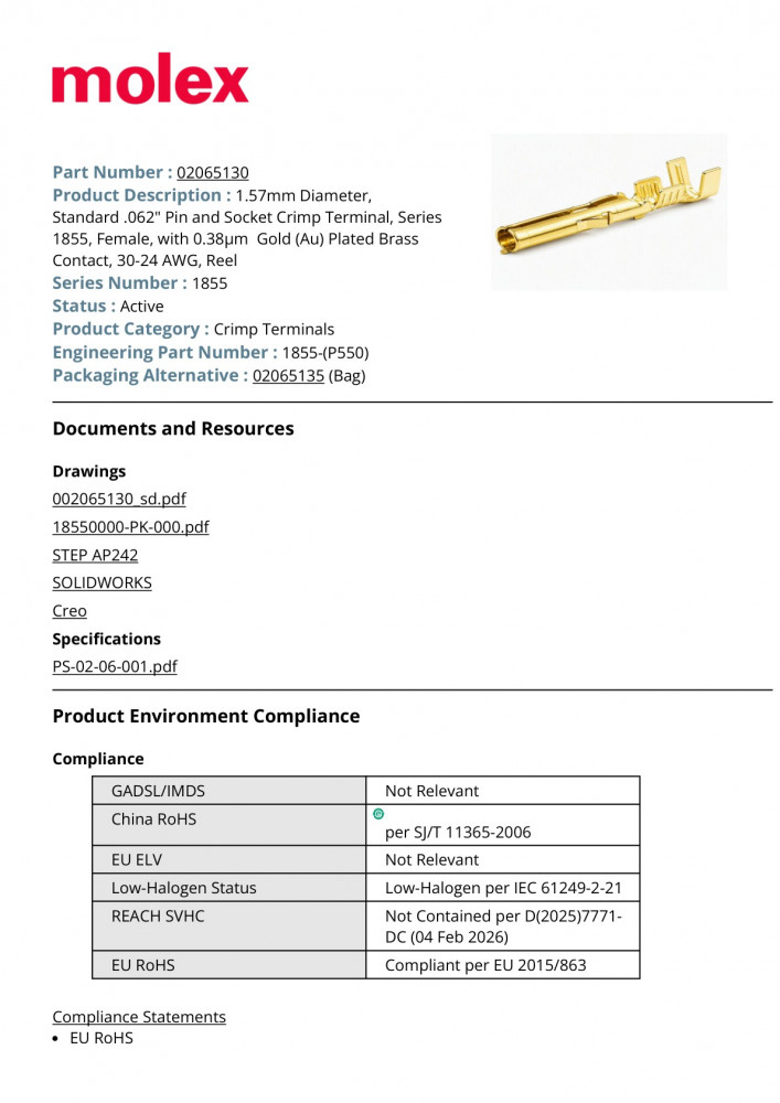 MOLEX connector specification, page 1