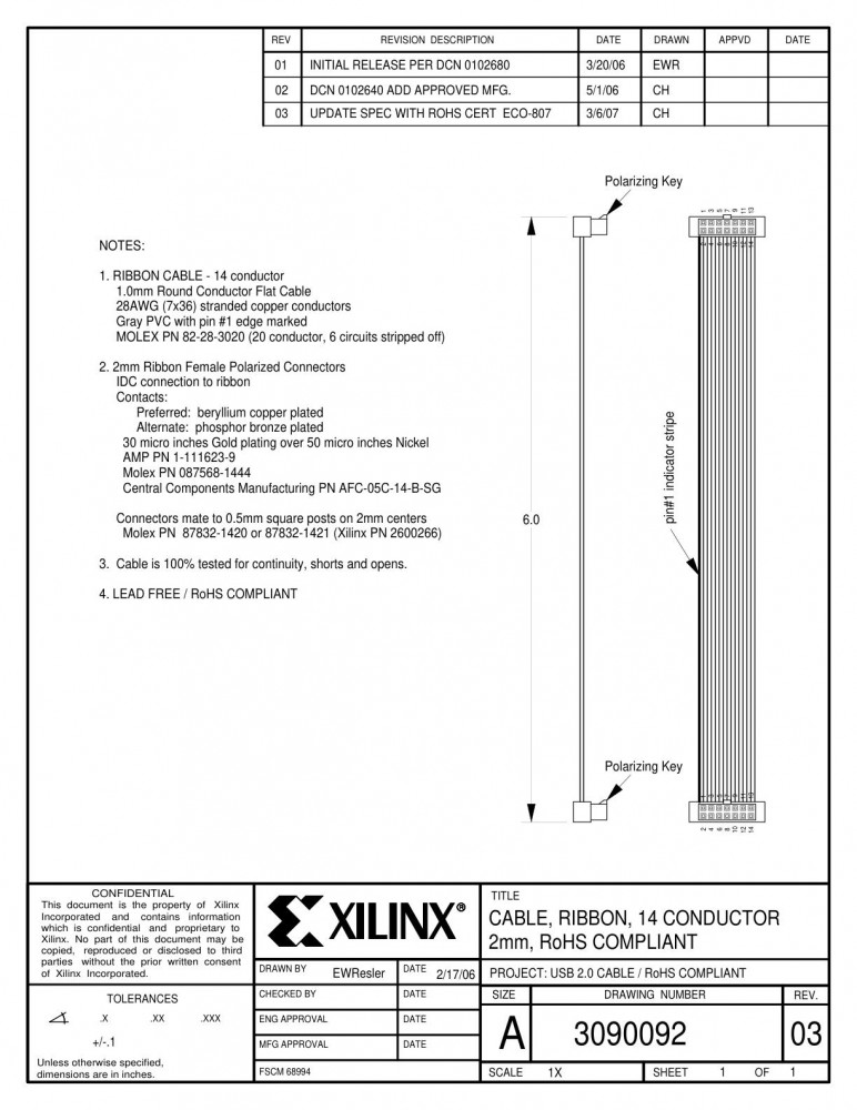 6003-310-001 14-conductor 2 mm ribbon cable drawing preview