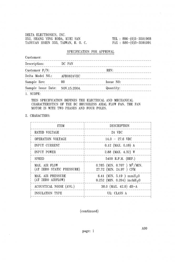 AFB0624VHC specification page 1