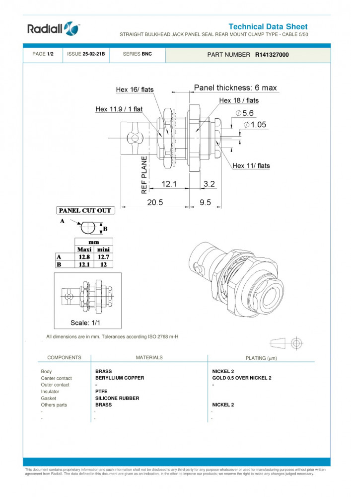 Radiall R141327000 BNC connector drawing and panel cut-out, page 1