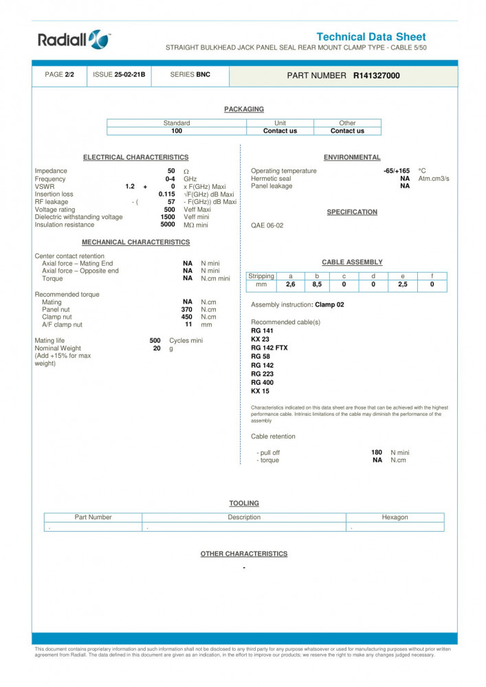 Radiall R141327000 BNC connector electrical, mechanical and environmental specifications, page 2