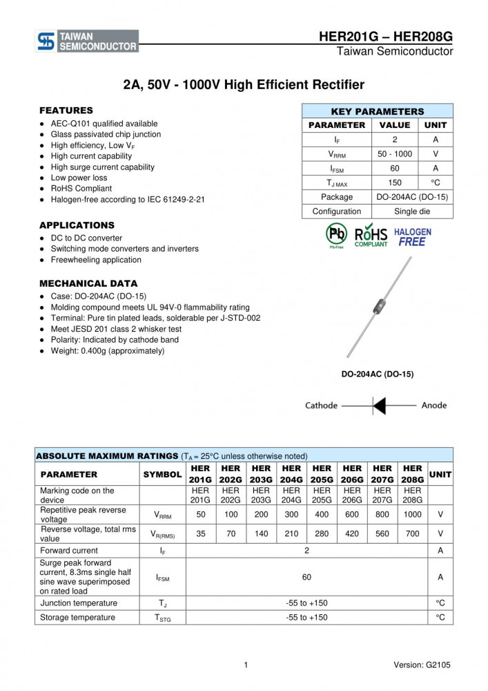 HER208G datasheet page 1