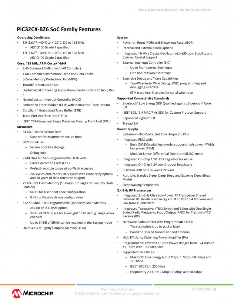 PIC32CX-BZ6 technical document preview, page 2