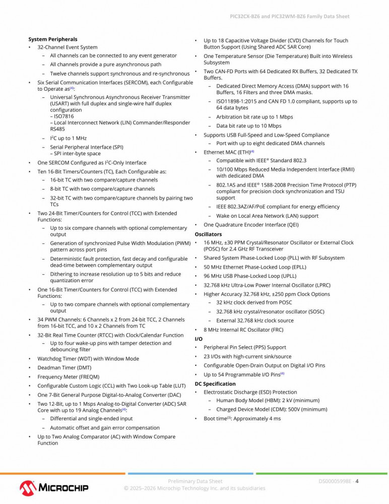 PIC32CX-BZ6 technical document preview, page 4
