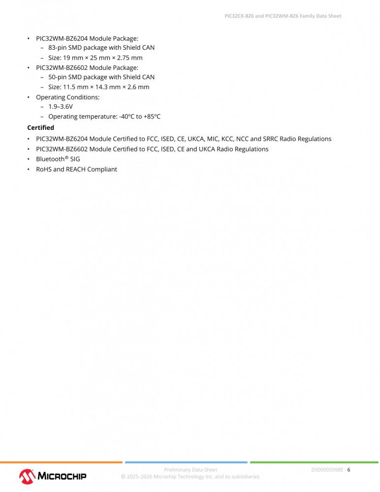 PIC32CX-BZ6 technical document preview, page 6