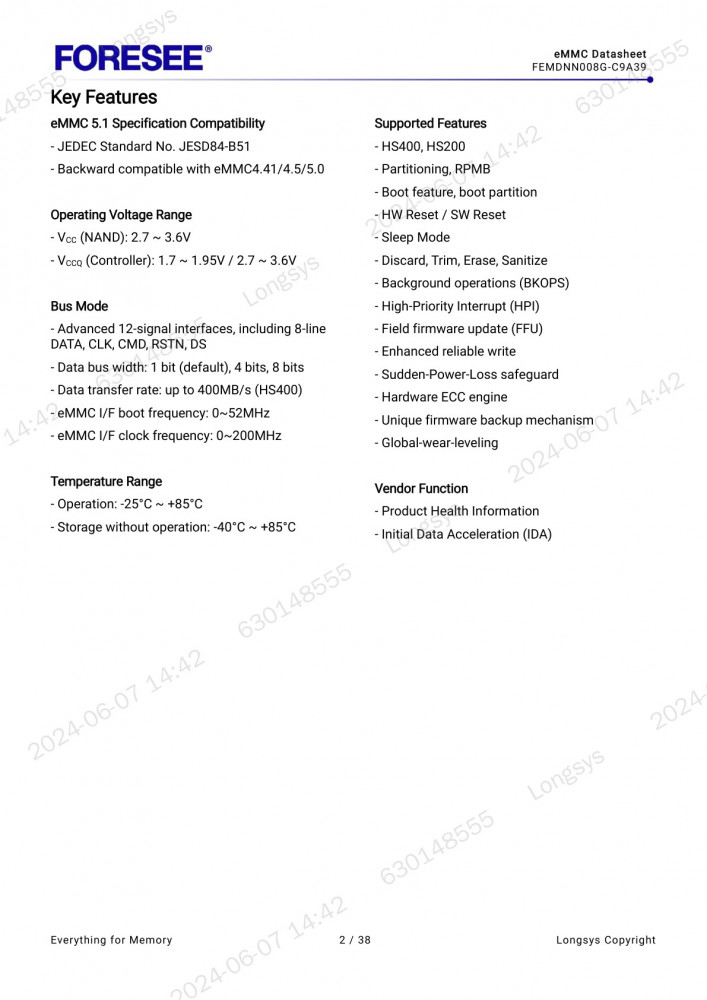 FORESEE eMMC datasheet page 2