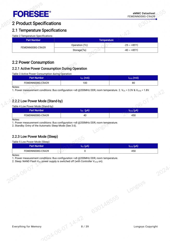 FORESEE eMMC datasheet page 7