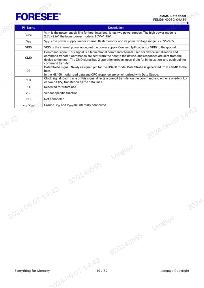 FORESEE eMMC datasheet page 9