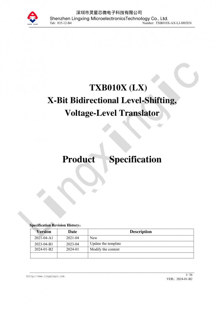 TXB0102 product document page 1