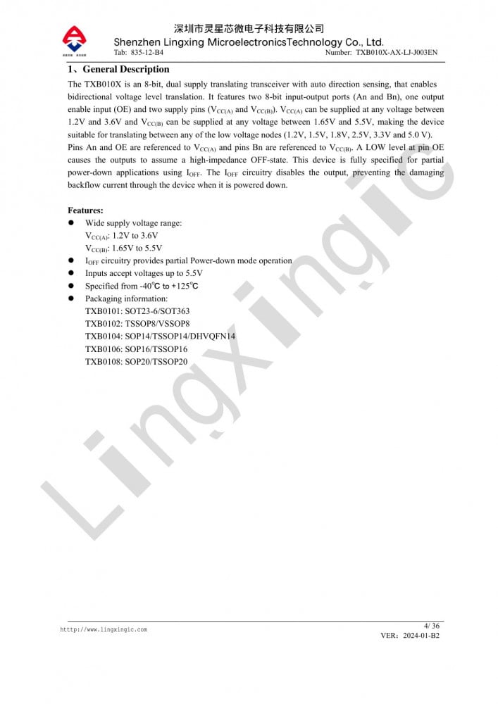 TXB0102 product document page 4