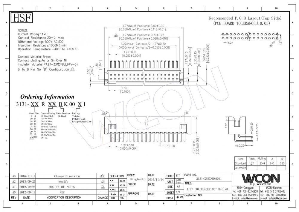 Wcon 3131 series 1.27 mm right-angle box header drawing