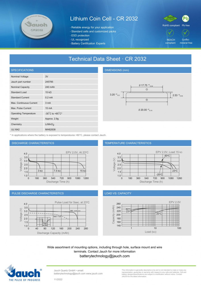 CR 2032 JAUCH technical datasheet page