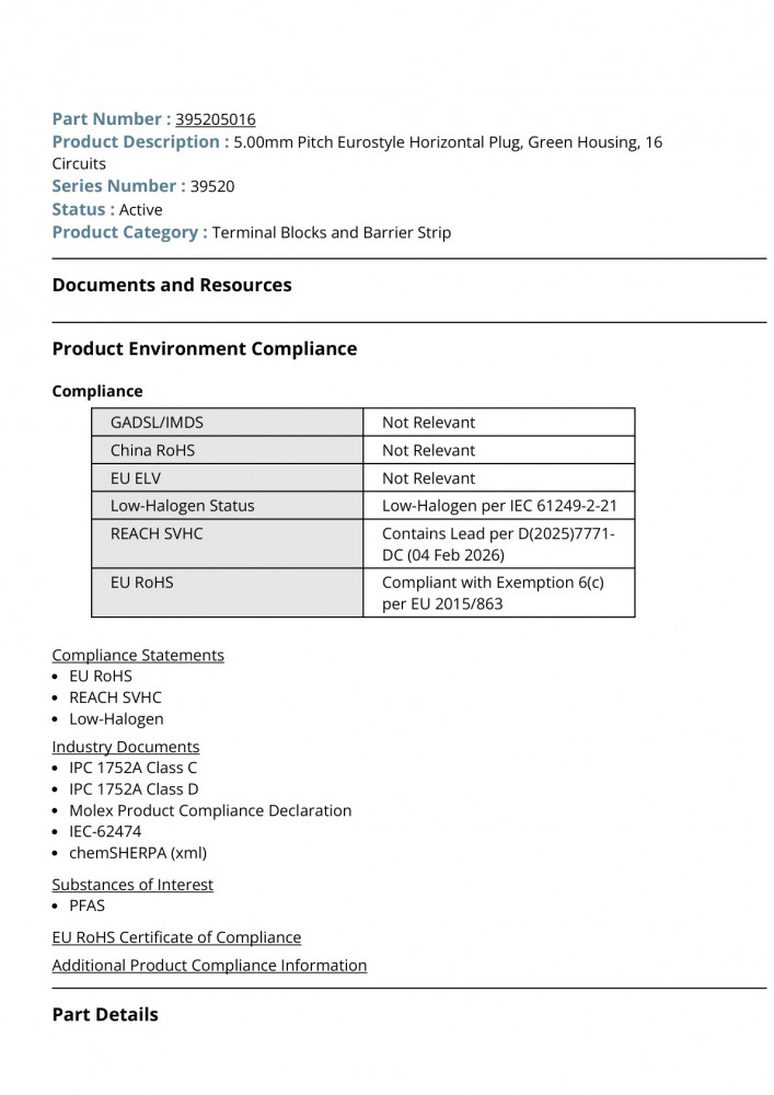 Technical document page 1 for Molex 395205016