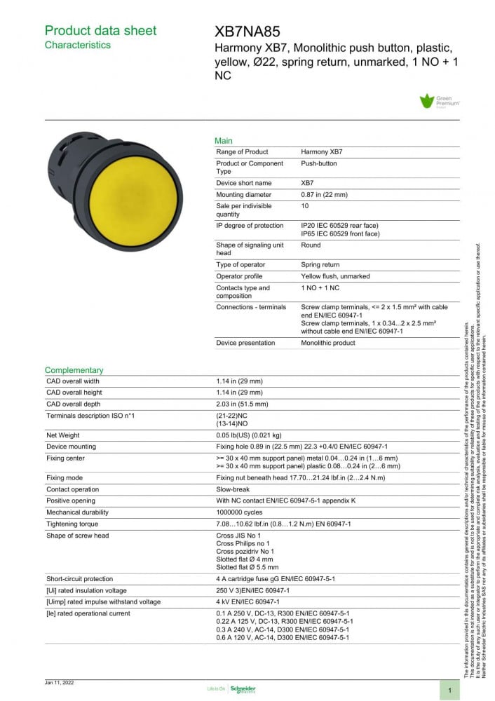 XB7NA85 technical document page 1