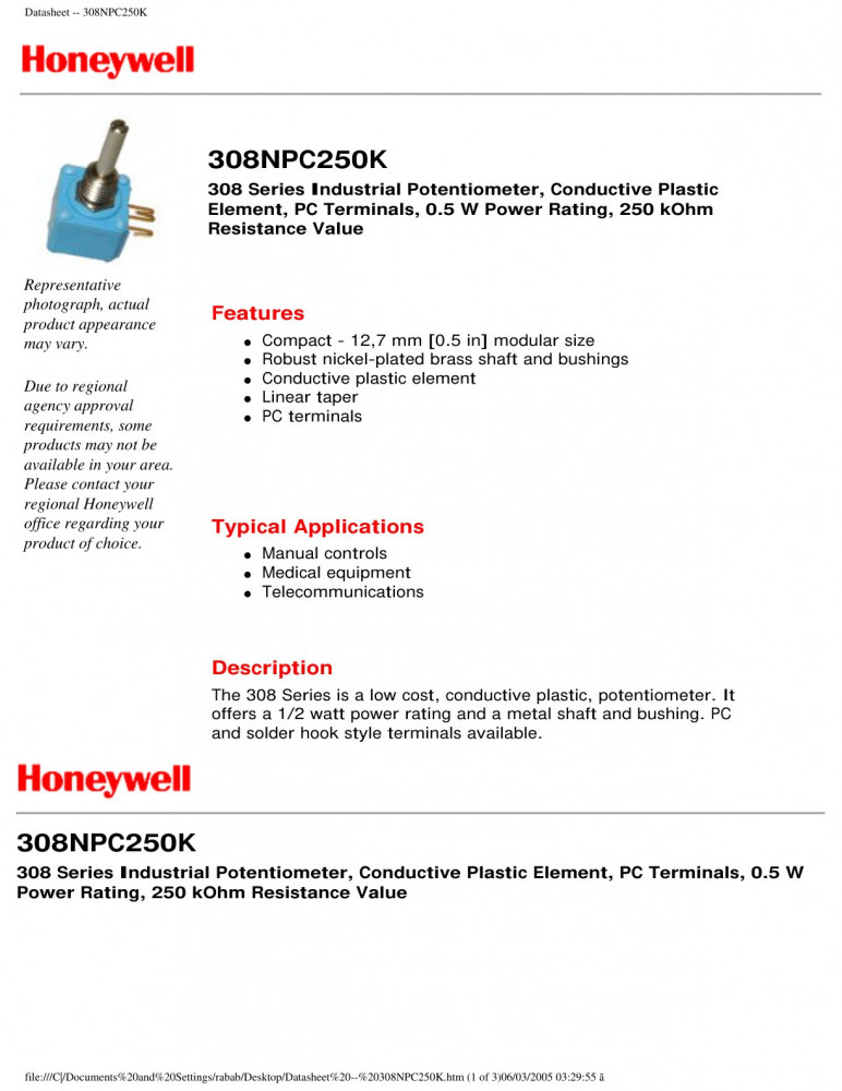 Honeywell 308NPC250K technical document page 1