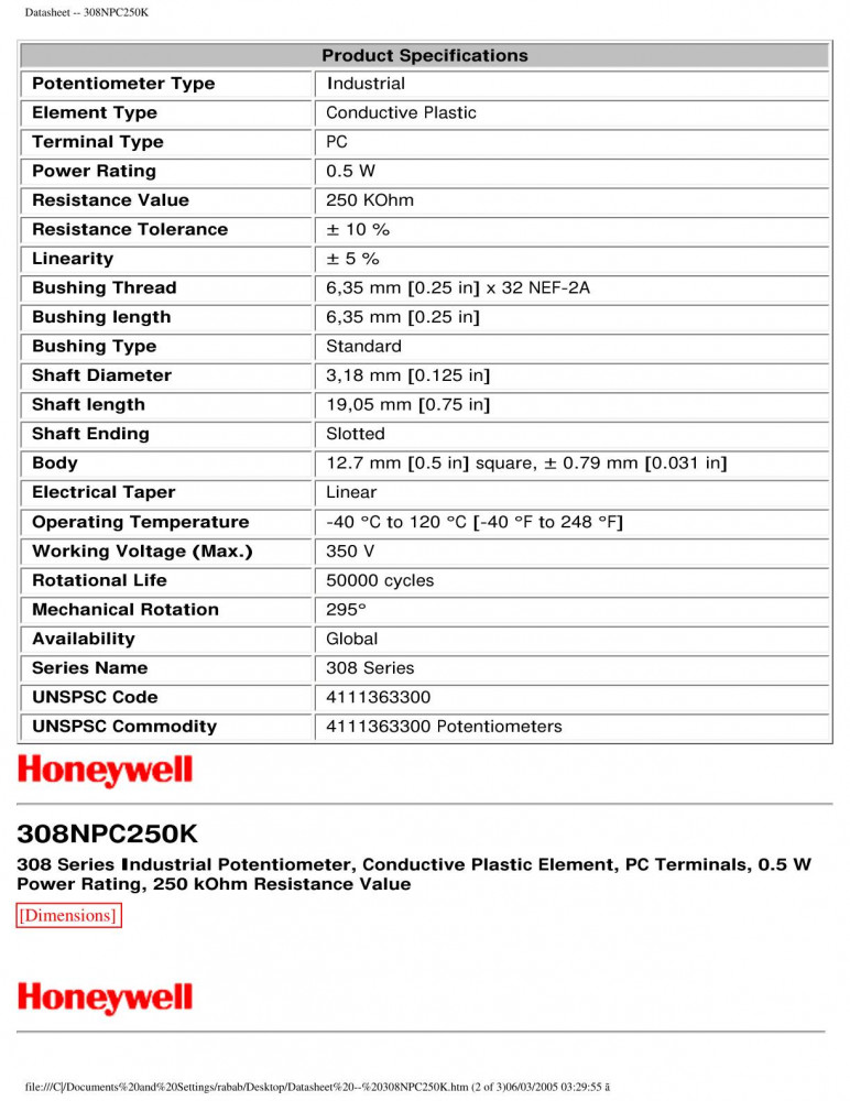 Honeywell 308NPC250K technical document page 2