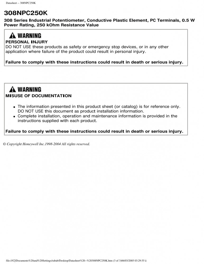 Honeywell 308NPC250K technical document page 3