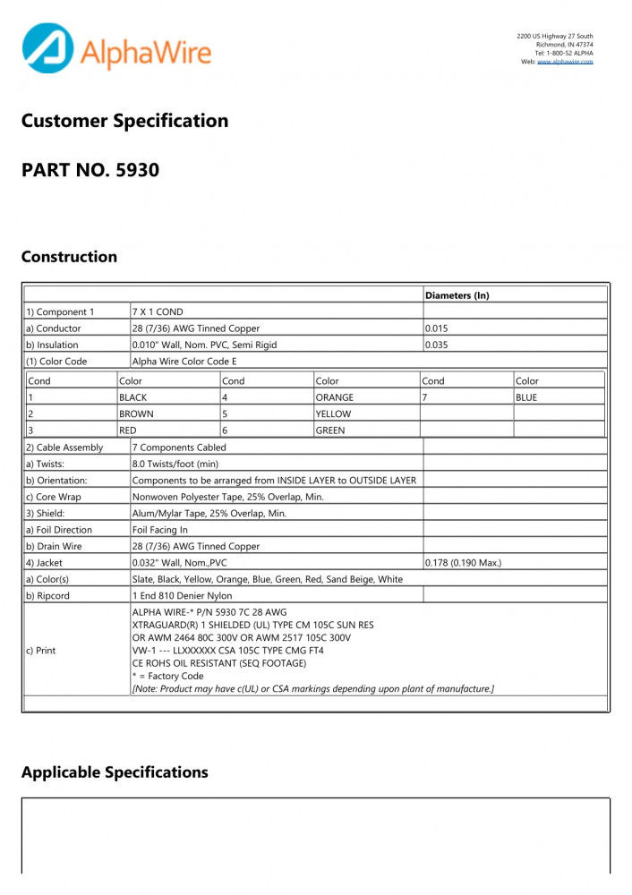 Alpha Wire 5930 specification page 1