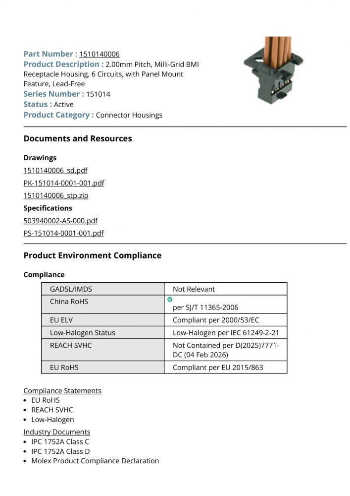 Molex 151014 product specification page image 1