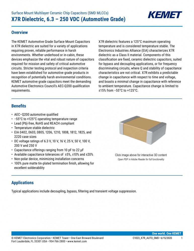 KEMET automotive X7R MLCC datasheet page 1