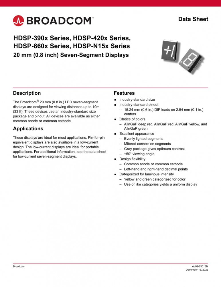 Broadcom HDSP series datasheet page 1