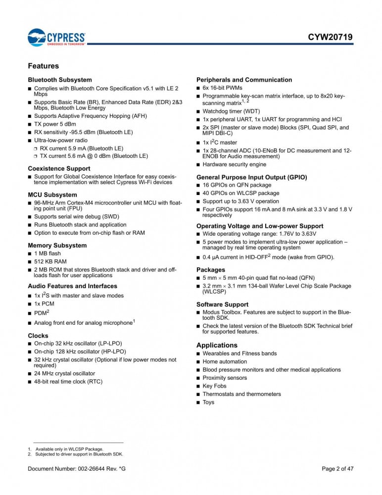 CYW20719 datasheet page 3