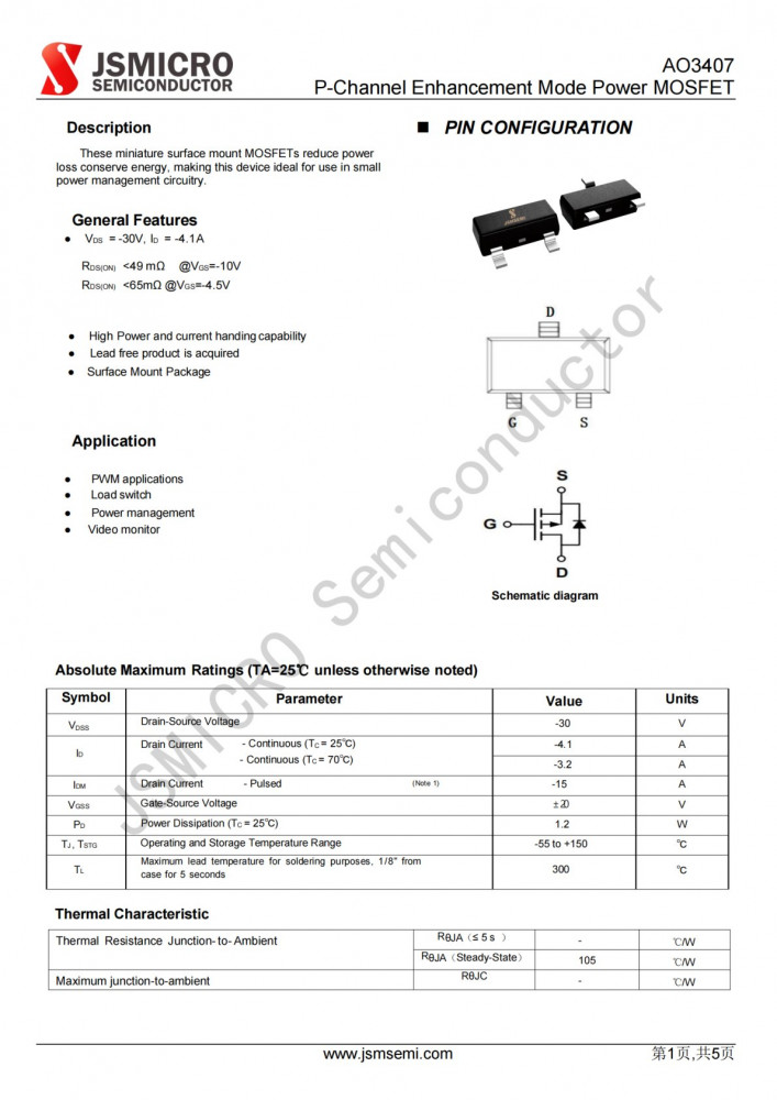 AO3407-JSM datasheet page 1