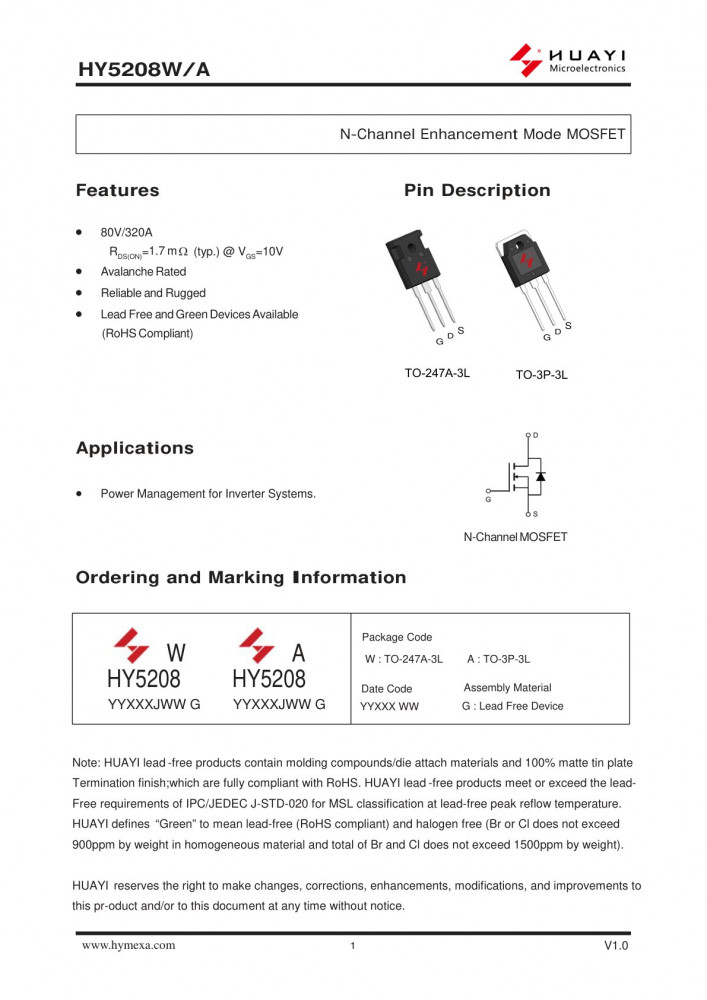 HY5208W datasheet page 1