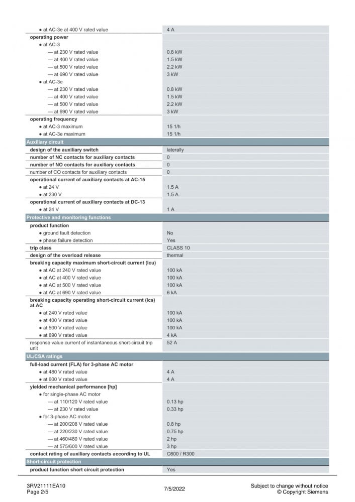 3RV21111EA10 datasheet page 2