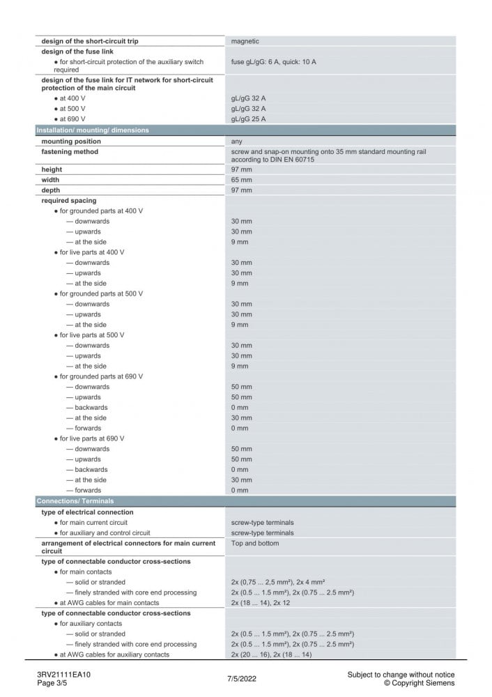 3RV21111EA10 datasheet page 3