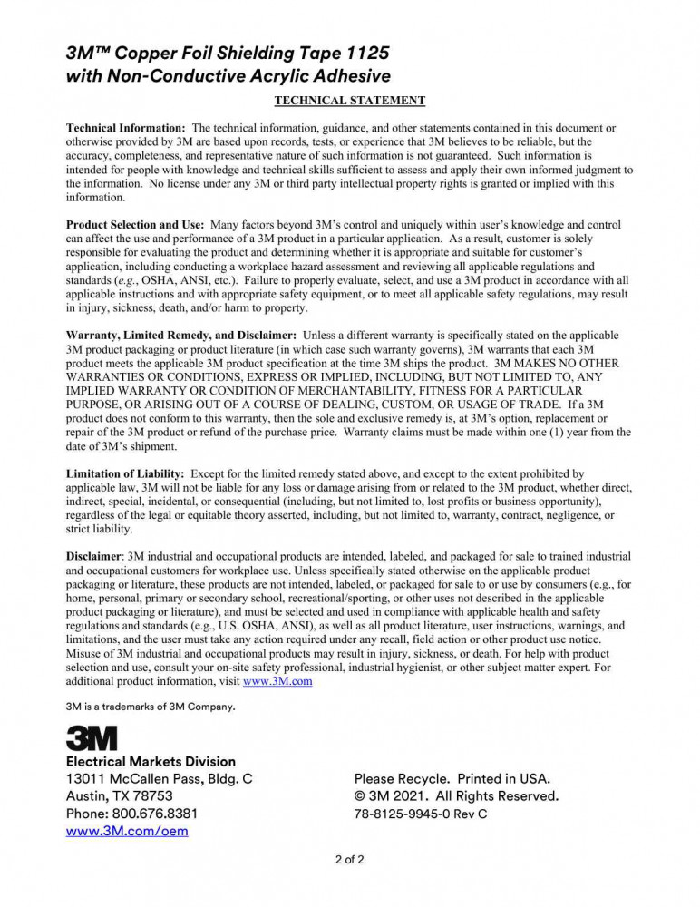 3M 1125 copper foil shielding tape data sheet page 2