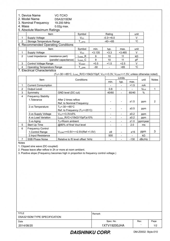 KDS 1XTV19200JHA datasheet page 1
