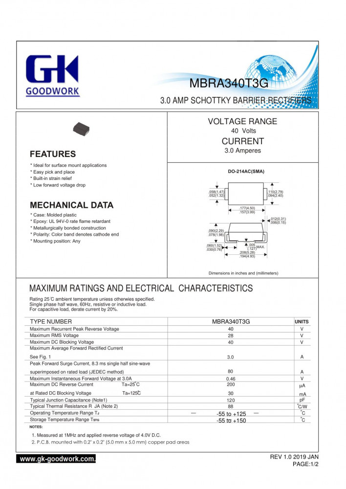 MBRA340T3G datasheet page 1